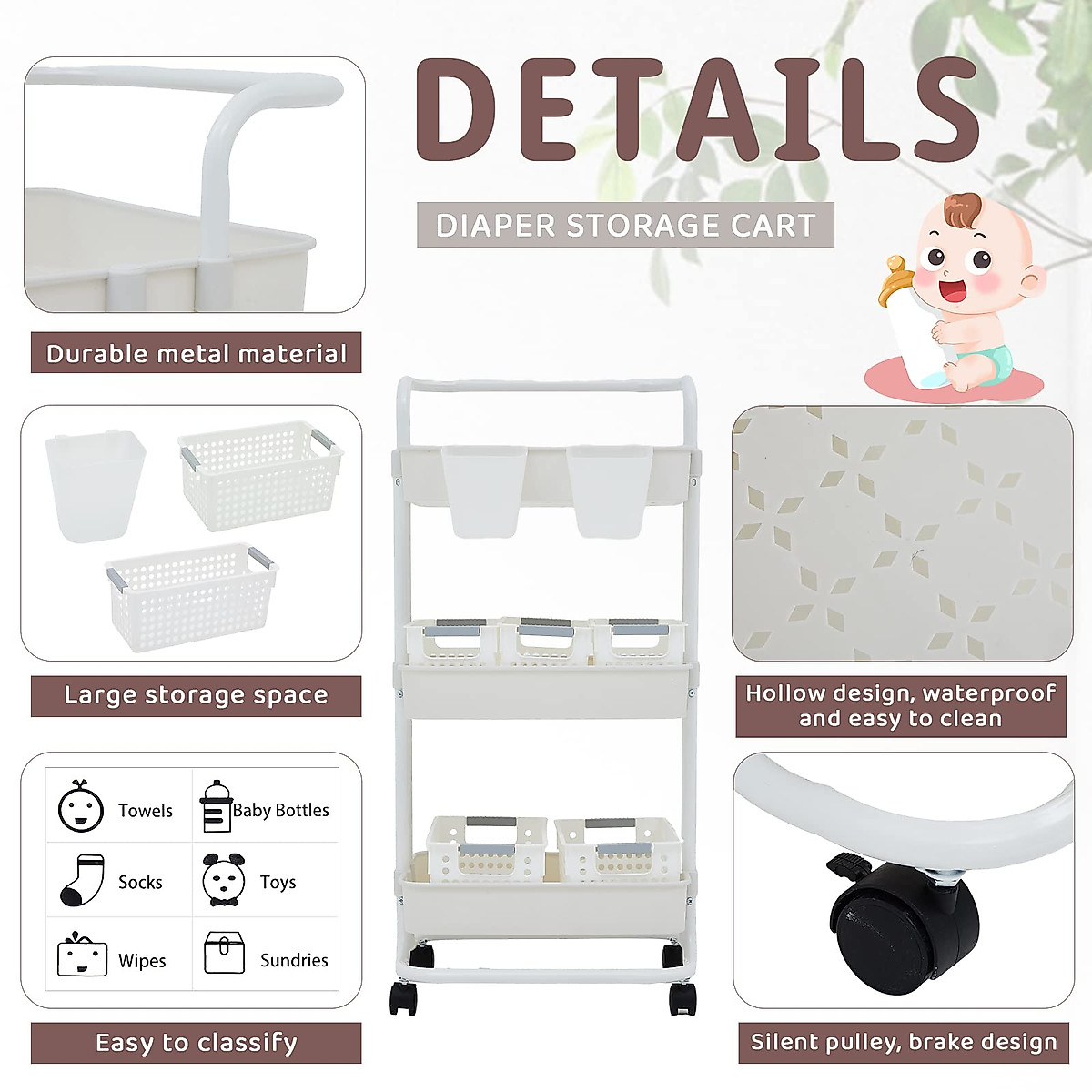 Tanlade Baby Diaper Cart Organizer 3 Tier Diaper Caddy Organizer with Wheels Baby Diaper Storage Organizer Nursery Cart Diaper Caddy with Baskets Hanging Cups Sticker for Crib Changing Table, White