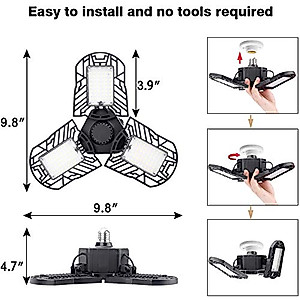 RUNDA LED Garage Lights, 60W Deformable Garage Ceiling Light 6000LM E26 Basement Light with 3 Adjustable Panels LED Light Bulbs for Workshop, Barn, Warehouse and More