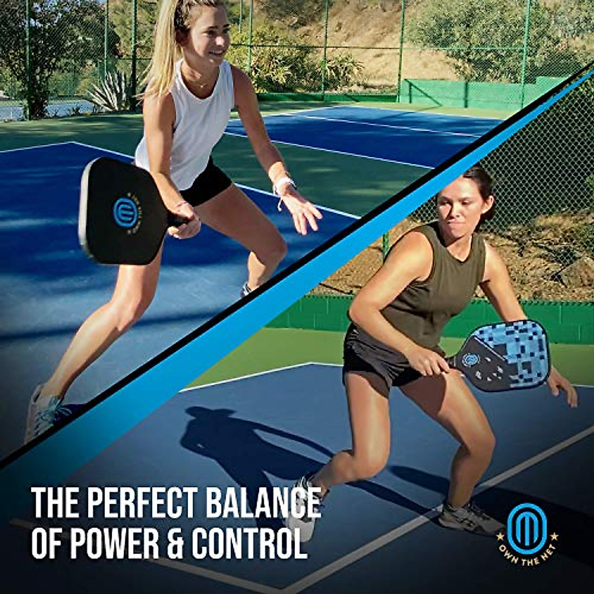 OWN THE NET Pickleball Paddles, USA-Based Brand, Premium Pickleball Paddle Set with Patented Carbon Fiber Graphite, Includes 2 Paddle Covers and 2 Outdoor Balls with Carry Bag (Sky Blue)