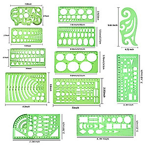 QincLing 11 Pieces Geometric Drawings Templates Stencils Plastic Measuring Template Rulers Clear Green Shape Template for Drawing Engineering Drafting Building School Office Supplies
