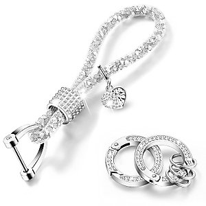 Crystal Car Keychain Bling Keychain Accessories Glitter KeyRing Strap with Heart Charm Key Decorations for Women Auto (Silver)