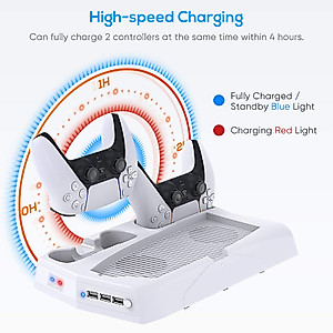 MENEEA Vertical Stand for PS5 Digital Edition/Ultra HD with Dual Controller Charging Station & Suction Cooling Fan & 14 Retractable Game Slots, for PS5 Gaming Accessories for PS5 Console