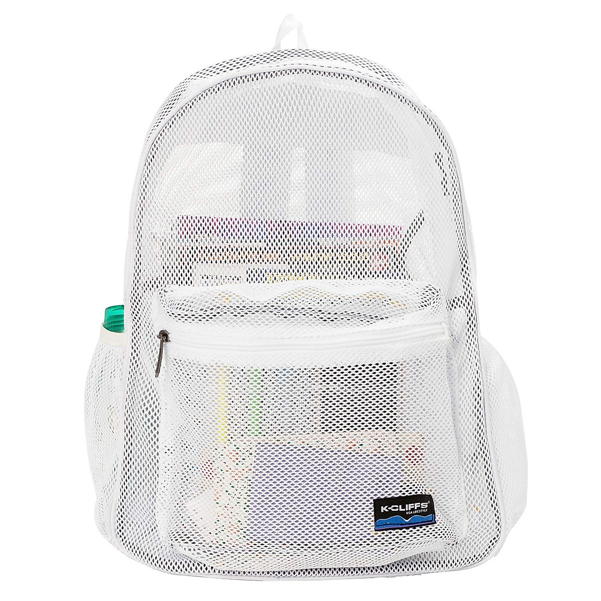 K-Cliffs Heavy Duty Mesh Backpack Classic Student Bookbag Durable See Through Netting Gym Bag Pack | Padded Straps (White)
