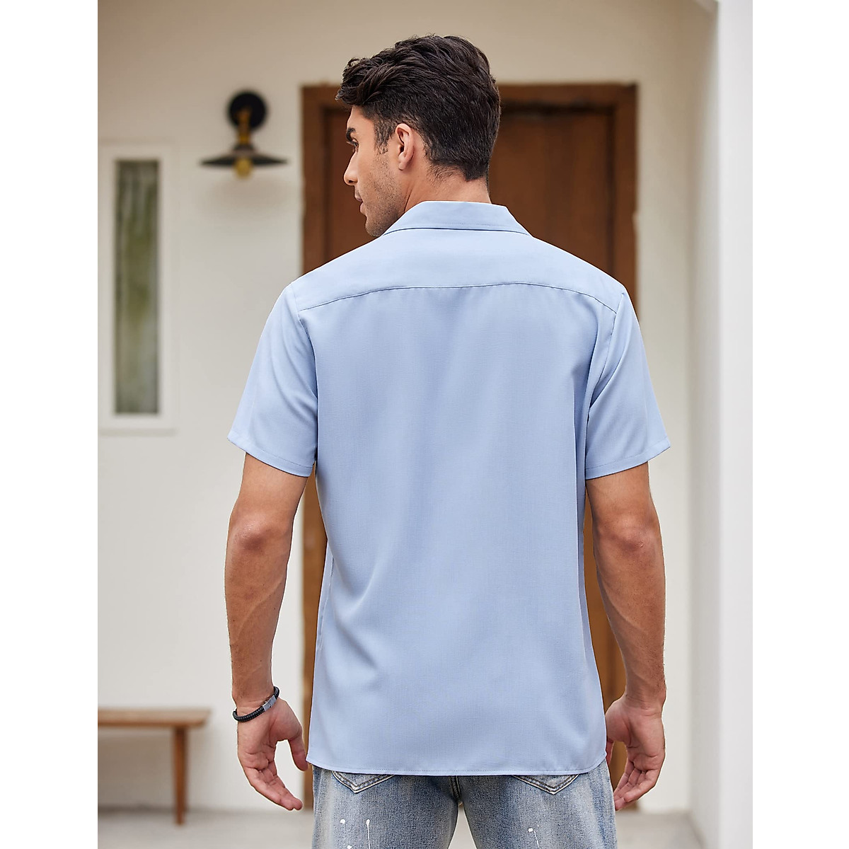 COOFANDY Men's Casual Button Down Shirts Retro Bowling Shirts Beach Wear Clothing Light Blue White