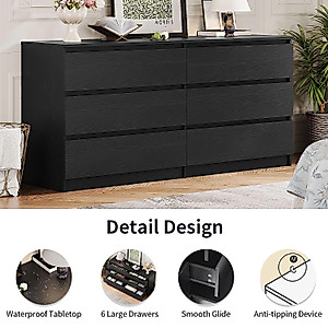 Angel Sar 59'' Dresser for Bedroom, Modern Black 6 Drawer Dresser, Long Dresser with Spacious Tabletop, Smooth Slides, Handlefree Design & Sturdy Base, Double Drawer Dresser for Closet