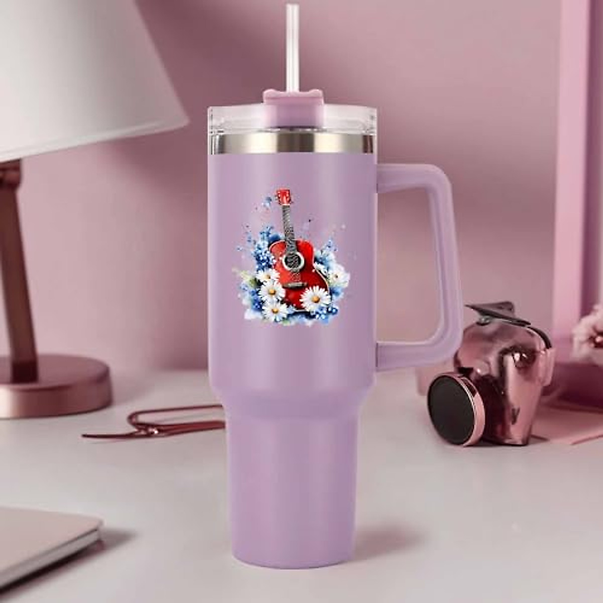 LB LEOBON 40 ounce insulated cup with handle, double-layer vacuum stainless steel material, equipped with straw, can keep warm or maintain cold drinks Daisy Guitar Fragrant taro purple