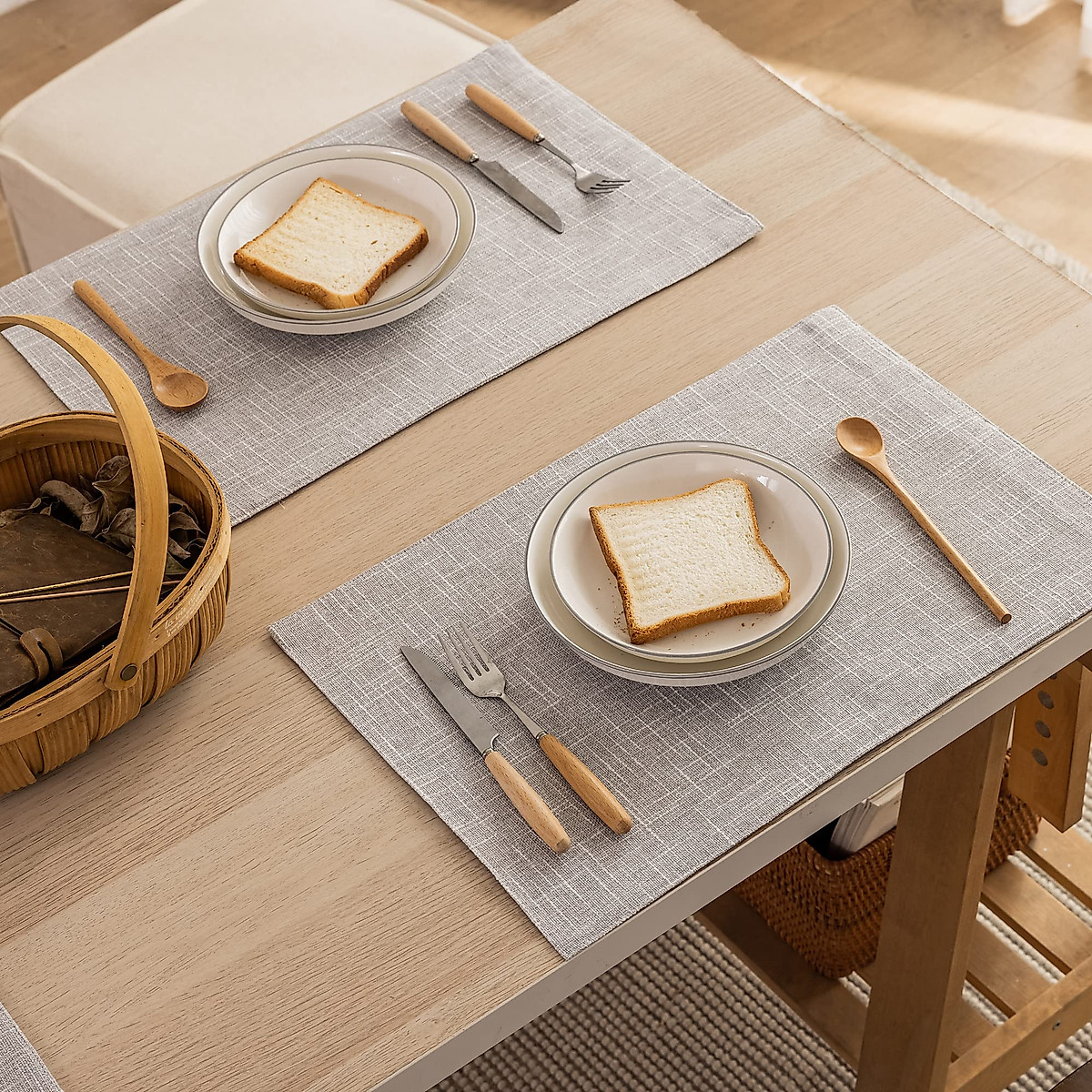 Kevin Textile Faux Linen Heat Resistant Placemats for Dining Table Set of 4, Easy to Clean Anti-Slip Place Mats, 13" x 19", Grey White