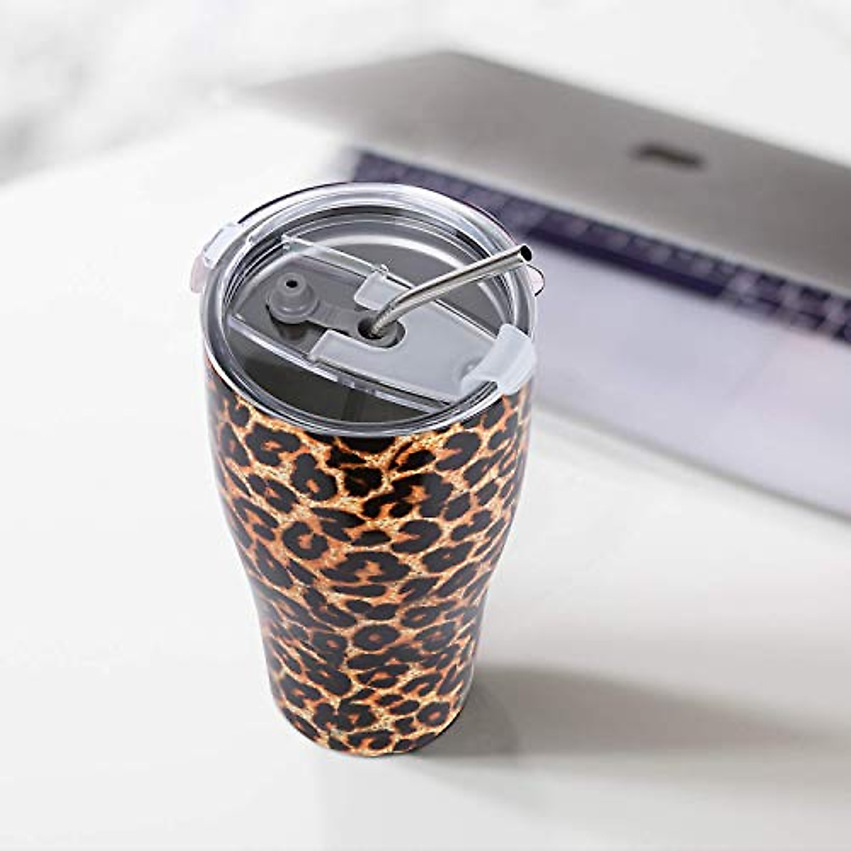BR JUNKER 30 oz. Tumbler Double Wall Stainless Steel Vacuum Insulation Travel Mug with Crystal Clear Lid and Straw, Water Coffee Cup for Home,Office,School, Ice Drink, Hot Beverage,Leopard,Slim