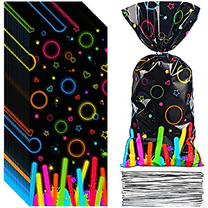 Pajean 100 Pcs Glow Bags in the Dark with Silver Ties Neon Goodie Let's Treat Candy Gift Decoration for Glow, Birthday, Baby Showers, Dark, Family Union Party Decor