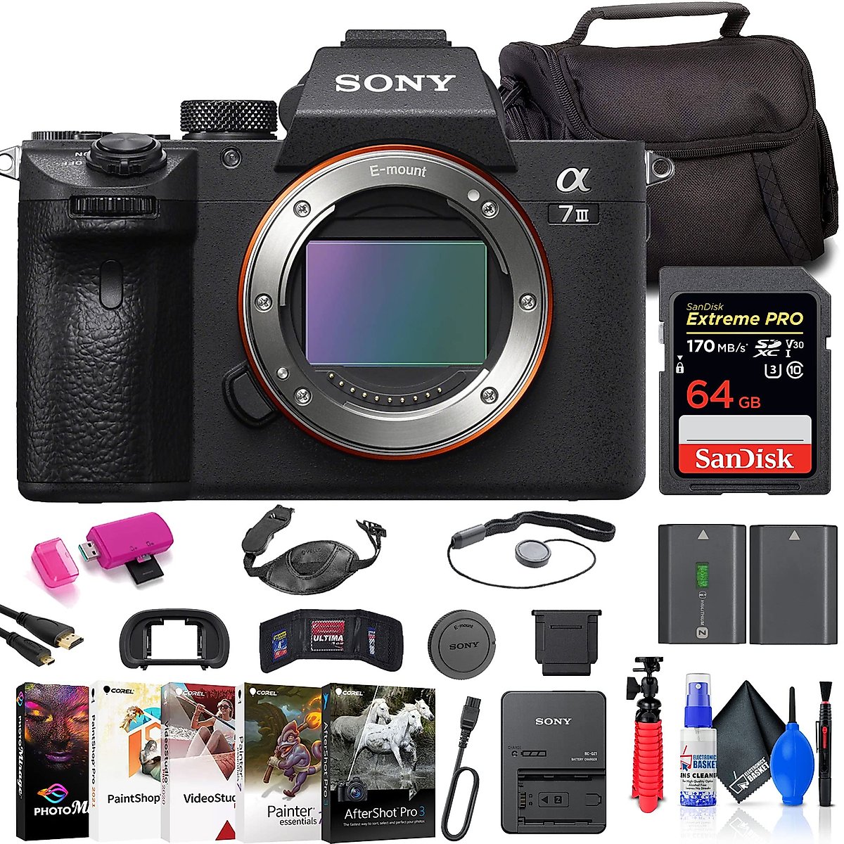 Sony a7 III Mirrorless Camera (ILCE7M3/B) + 64GB Memory Card + Bag + NP-FZ100 Compatible Battery + Card Reader + Corel Photo Software + Flex Tripod + Hand Strap + Memory Wallet + More (Renewed)