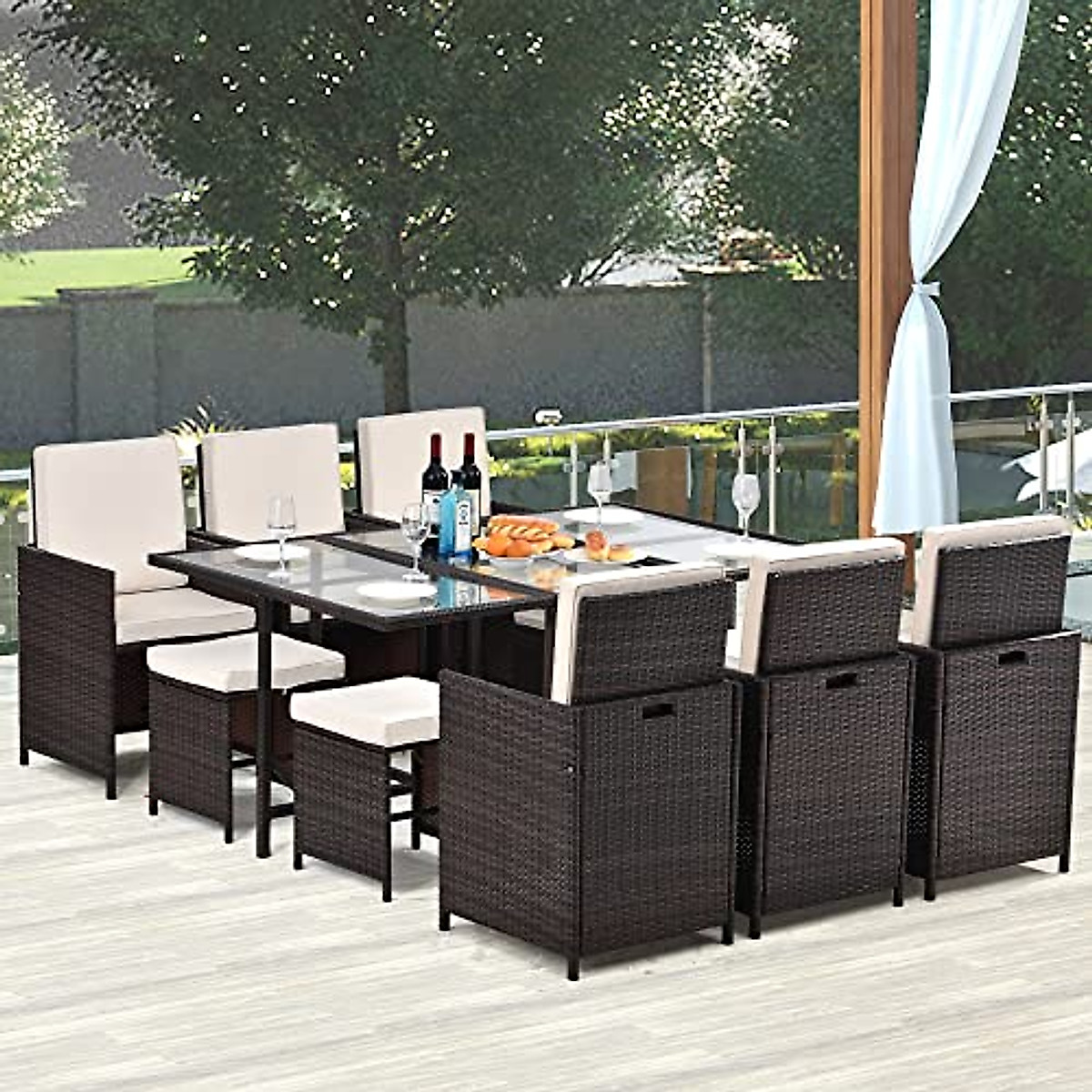 HomSof Outdoor Garden Furniture Wicker Conversation Ottomans and Glass Top Table, Brown 11 Piece Patio Dining Set
