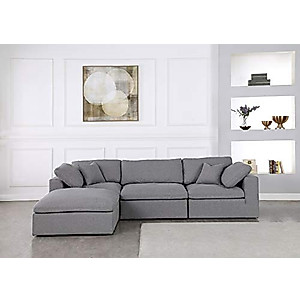 Meridian Furniture Serene Collection Modern | Contemporary Deluxe Comfort Modular Sectional, Soft Linen Textured Fabric, Down Cushions, 2 Corner + 1 Armless + 1 Ottoman, Grey