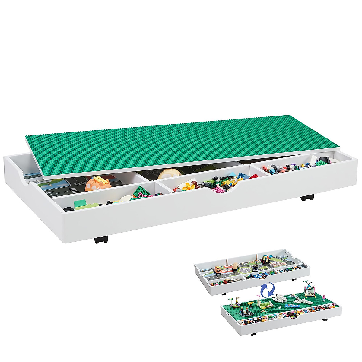 2 in 1 Construction Play Table Compatible with Lego, Game Table with Block Board and Train Car, Rolling Game Table with Locking Wheels and Storage Space, Suitable for Storing Under Bed or Sofa (White)