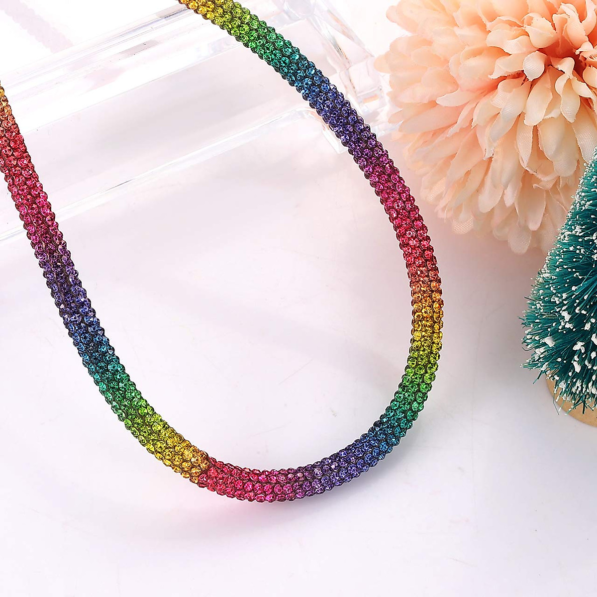 ZITULRY Leopard Print Crystaldust Choker Necklace for Women Rainbow Colored Rhinestone Beaded Choker Necklace (Rainbow)