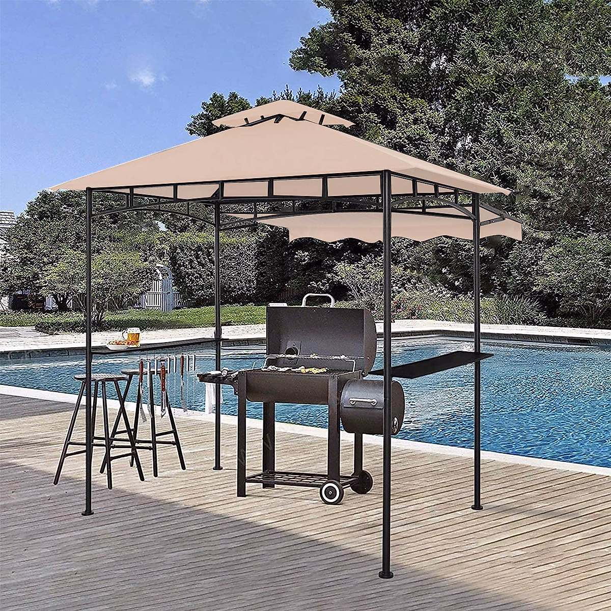 CHARMELEON Double Tiered Grill Gazebo 5x8, Outdoor BBQ Patio Canopy Tent with Stretchable Side Awning (Beige)