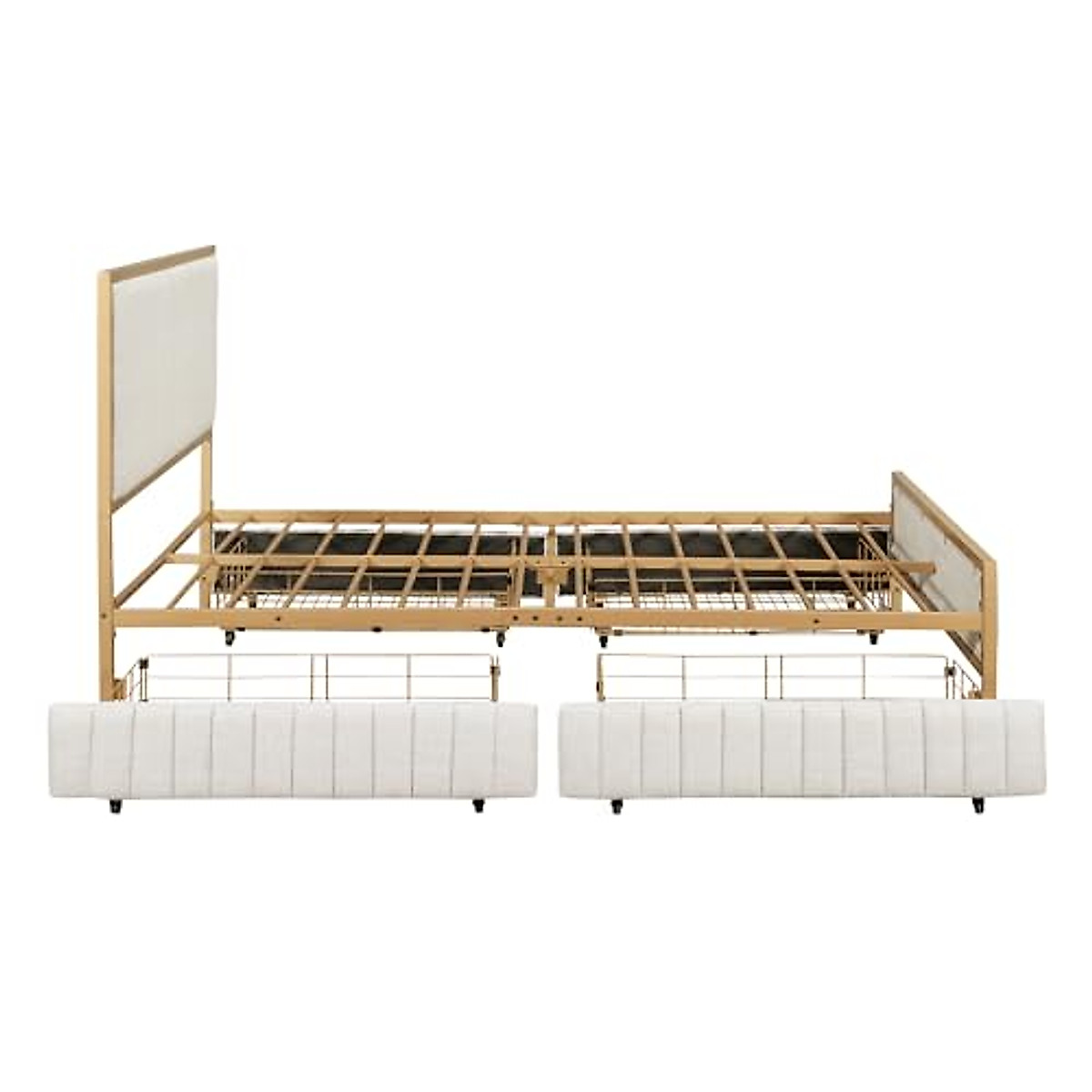SIYSNKSI Full Size Metal Frame Upholstered Bed with 4 Drawers, Linen Fabric Platform Bed with Metal Slats Support and Headboard, Storage Platform Bed for Kids Teens Bedroom (Beige + Linen-C14)