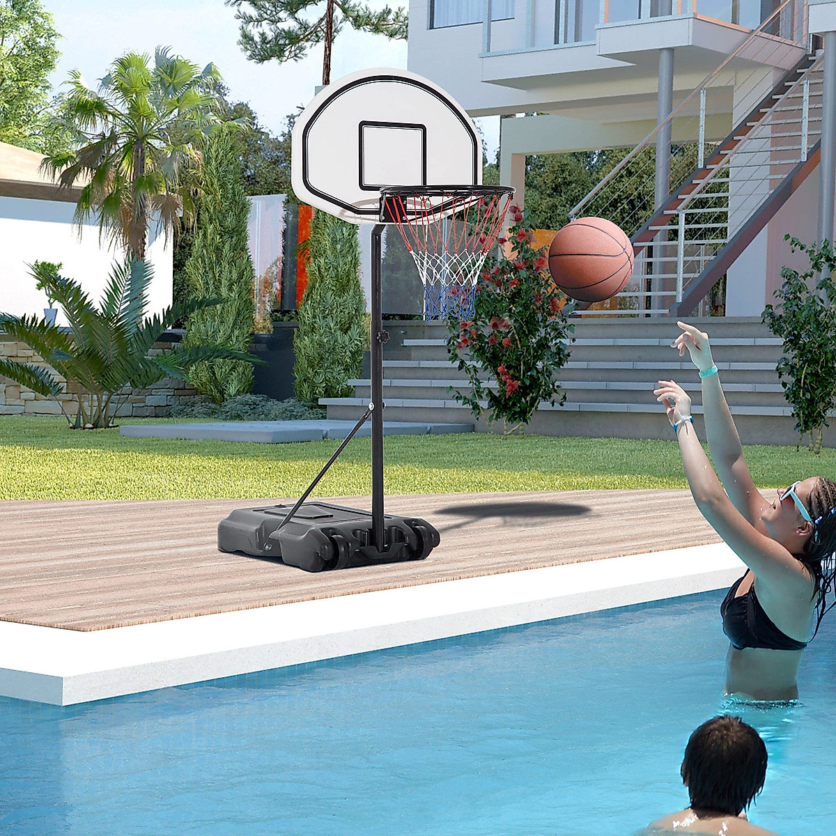 Aosom Poolside Basketball Hoop Stand Portable Basketball System Goal, Adjustable Height 3'-4', 30" Backboard