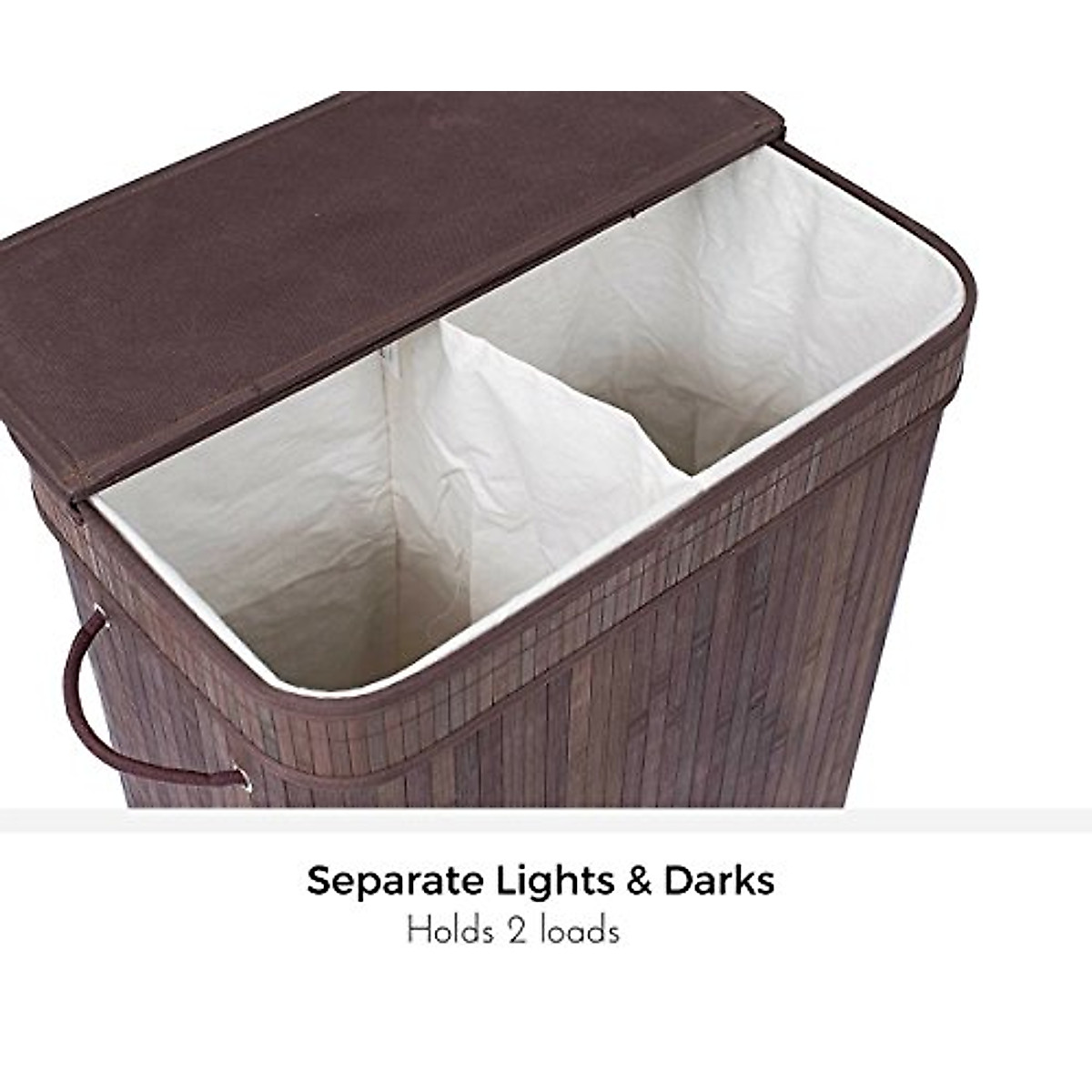BIRDROCK HOME Double Laundry Hamper with Lid and Cloth Liner - Bamboo - Espresso - Easily Transport Laundry Basket - 2 Section Collapsible Hamper - String Handles