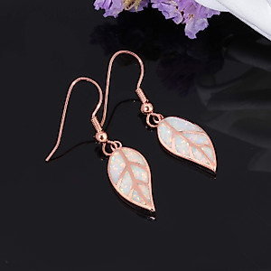 CINily Rose Gold Opal Dangle Earring-Leaf Drop Earrings White Opal Gemstone Dangle Earrings for Women