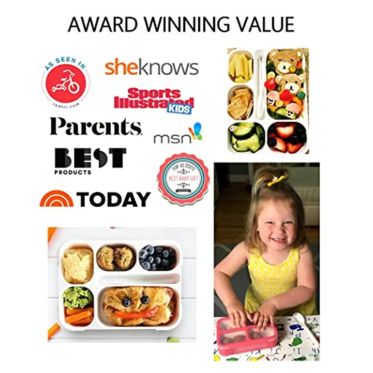 kinsho Bento Box Lunch Boxes and Snack Containers, Value Pack for Kids Girls Boys | Leakproof Portion Boxes for School Pre-School Toddler Daycare Travel, BPA Free | Set of 4, Pink Purple