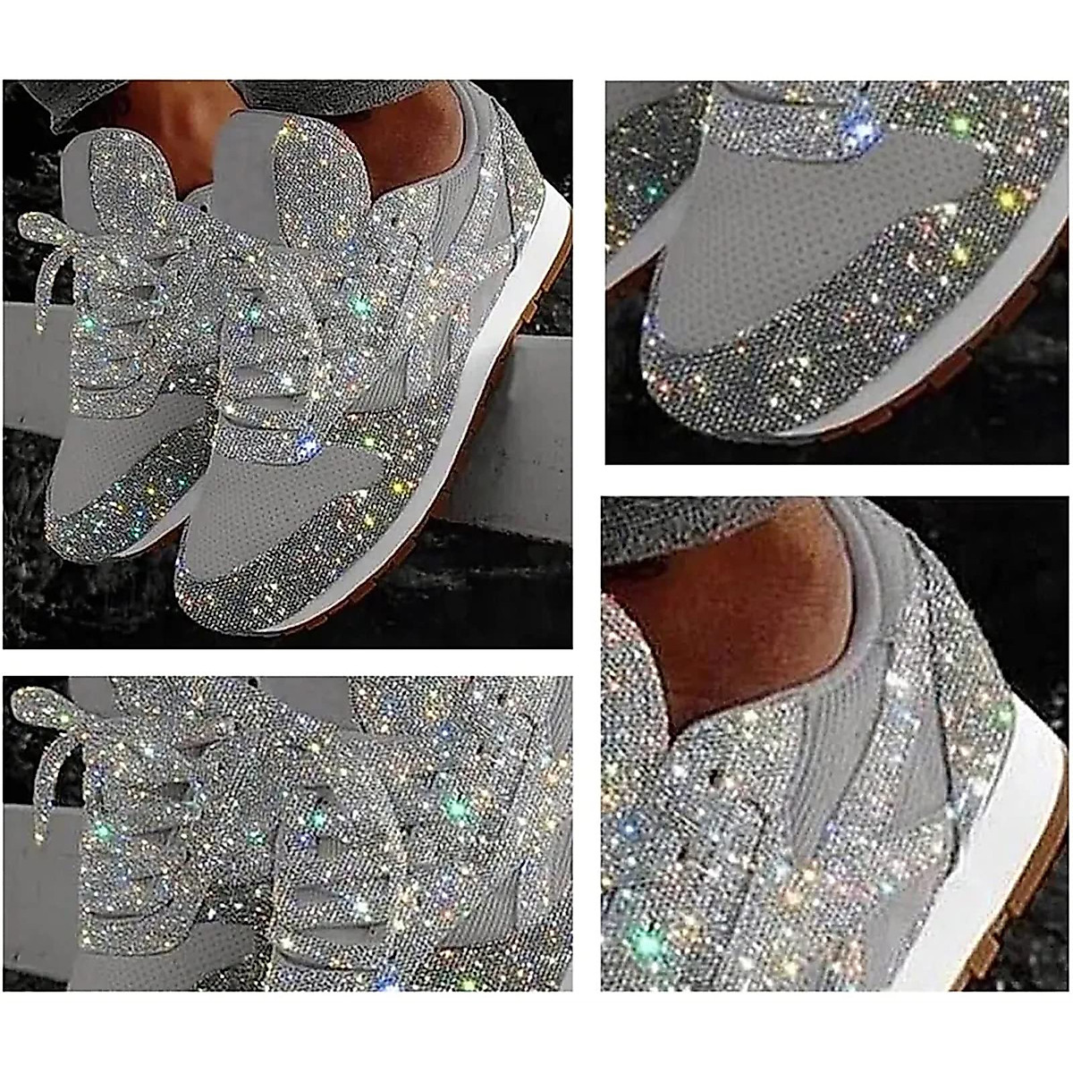 Glitter Tennis Sneakers for Women's Fashion Slip On Lace Up Sport Shoes Ladies Comfy Crystal Bling Sparkly Breathable Lightweight Walking Dress Shoes Orthotic Flat Heel Sneakers (Color : Dark Blue,