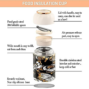 CUPADA Leopard Butterfly Food Jar for Hot and Cold, Skin Pattern Insulated Food Jars Vacuum 17OZ with Folding Spoon for Work Trip Picnic Camping