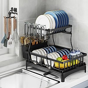 KEKAPE Dish Drying Rack, Space-Saving & Durable, Rust-Proof 2 Tier Stainless Steel Dish Rack for Kitchen Counter with Detachable Drainboard, Utensil Holder, and Cup Holder Set,Large Size, Black