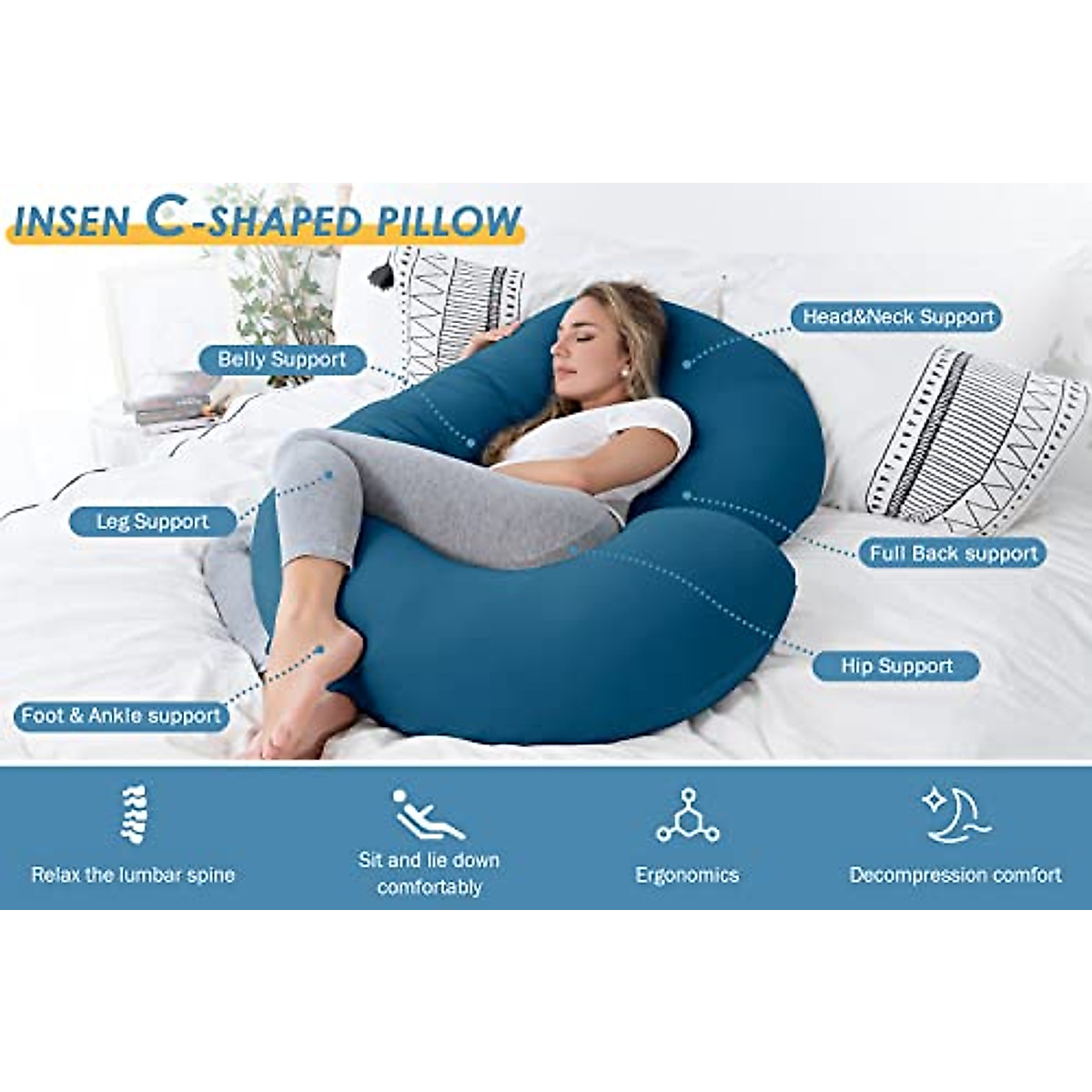 INSEN Pregnancy Pillow,Maternity Body Pillow with Velvet Cover,C Shaped Body Pillow for Sleeping (Blue Jersey)