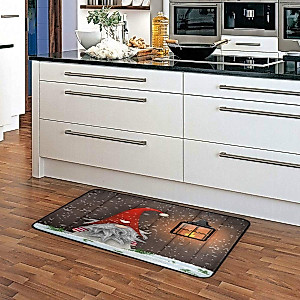 STAYTOP Christmas Kitchen Rugs, Winter Traditional Gnome Santa Claus Lantern Wood Pattern Area Rug Non Slip Floor Mat Doormat Anti Fatigue Comfort Standing Mat for Hallway Bedroom