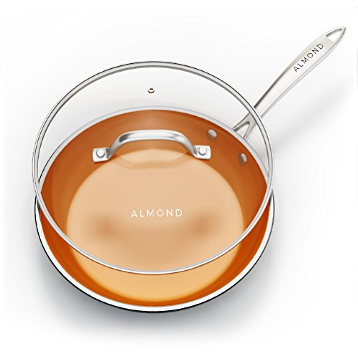 Almond 12 Inch Non-Stick Frying Pan with Lid - Copper Ceramic Fry Pans with Tempered Glass Lid & Stainless Steel Handle, Round Aluminum Saute Pan, Dishwasher and Oven Safe - 12 inches