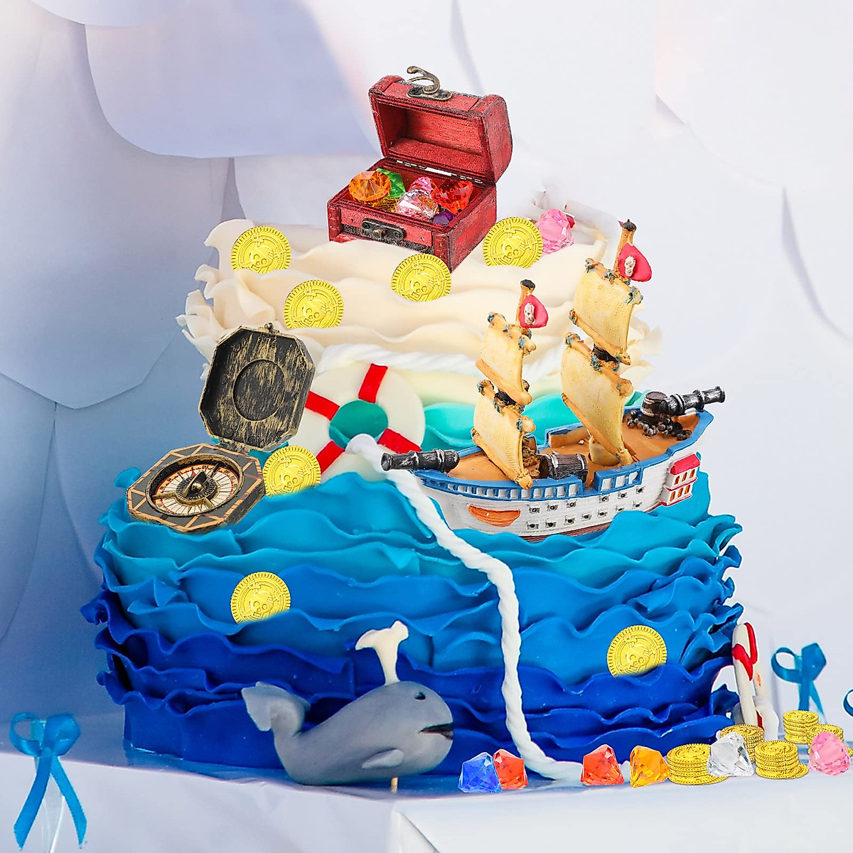 32 Pcs Pirate Ship Cake Topper Nautical Sailboat Model Decoration Set Gold Coins and Pirate Gems Kids Telescope Pirate Treasure Chest Compass Mini Palm Tree for Kids Pirate Birthday Party Supplies