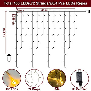 BESSTOR 456LED 35.4FT Icicle Christmas Lights Outdoor Decoration, 8 Modes 72 Drops Fairy String Curtain Decoration Eaves Window Holiday Yard Garden Indoor Home (Warm White) (JT-EL/FC300V0240-C)