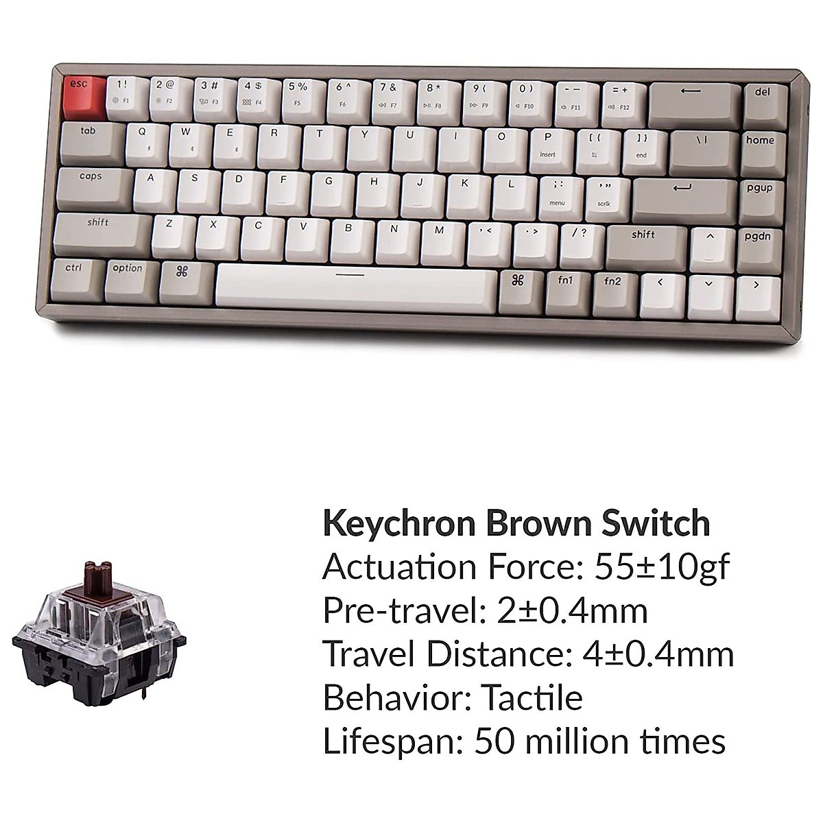Keychron K6 65% Compact 68-Keys Aluminum Frame Wireless Mechanical Keyboard for Mac, Bluetooth, Multitasking, Wired Gaming Keyboard for Windows Non-Backlit with Keychron Brown Switch