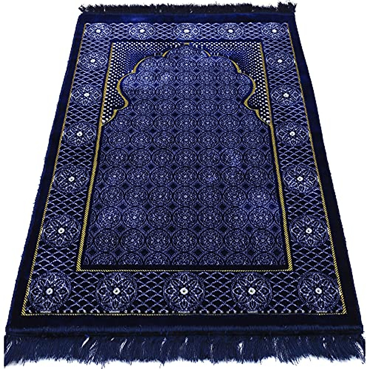 Modefa Turkish Islamic Prayer Rug - Traditional Muslim Janamaz Sajada - Plush Velvet Praying Mat Carpet for Men and Women - Ramadan or Eid Gift - with Kufi Cap & Beads - Floral Stamp Ipek - Blue 2