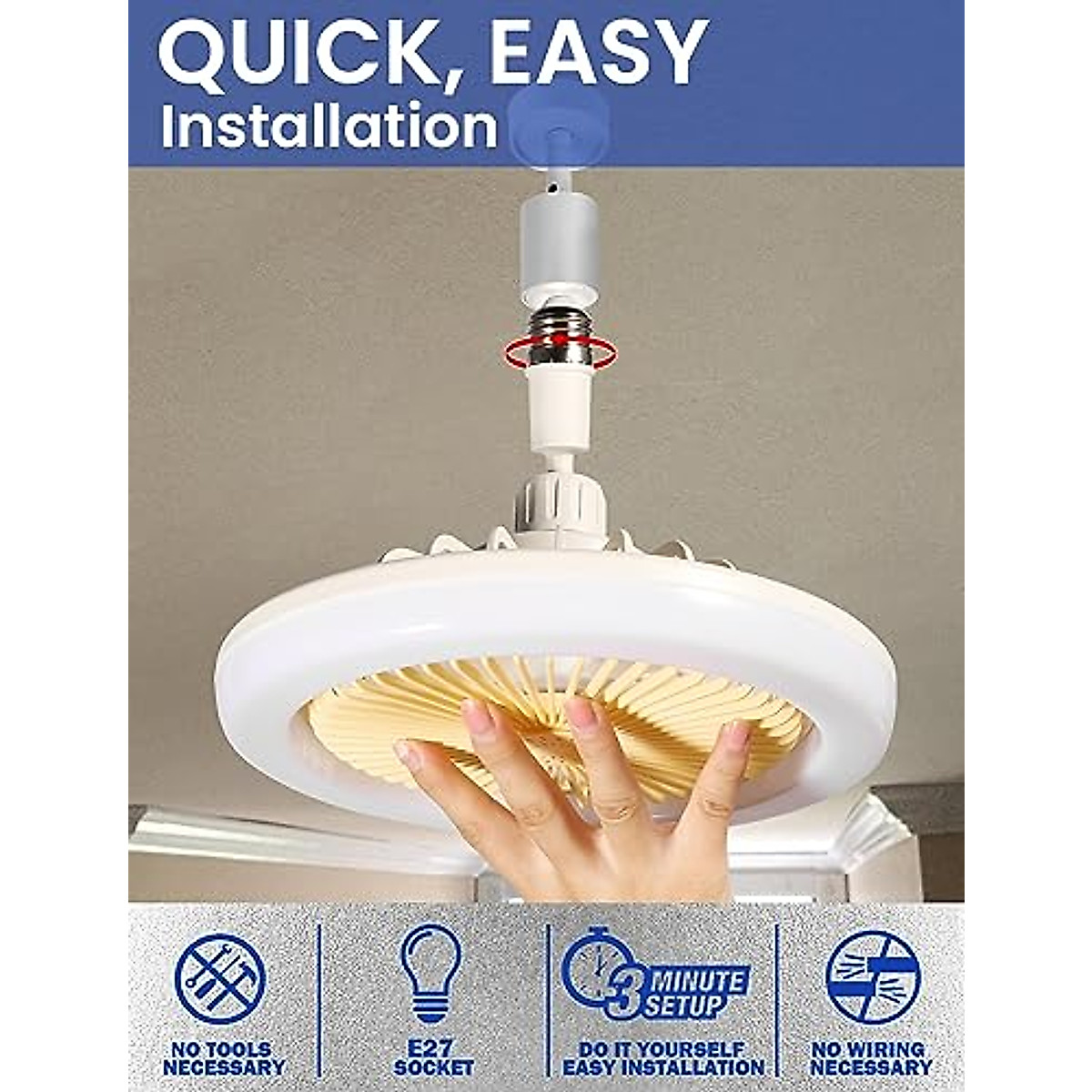 VONFAME Enclosed Ceiling Fan with Light and Remote Small 10-inch E27 Bladeless Ceiling Fans Dimmable LED Lights 3 Gear Wind Speeds Family Summer Gift for Garage Tool Room and Store Room(Yellow)