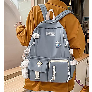 FPlace Laptop Backpack Shoulders Bag Schoolbag Travel Bag for Student Casual Cute Kawaii Y2K With Plush Bear Pendant Gift (Blue)