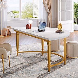 Tribesigns 63 Inch Computer Executive Desk, Modern Simple Study Writing Desk with Half Round Thick Tabletop and Heavy Duty Metal Frame, Large Desk Laptop Table Workstation for Home Office, White/Gold