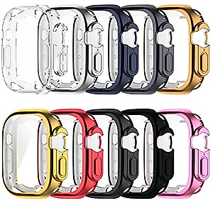 SAWIDEE TPU Glass+case for Apple Watch Series Ultra 49mm smartwatch PC Screen Protector Bumper Tempered for Apple Watch Ultra 49mm (Color : Gold)