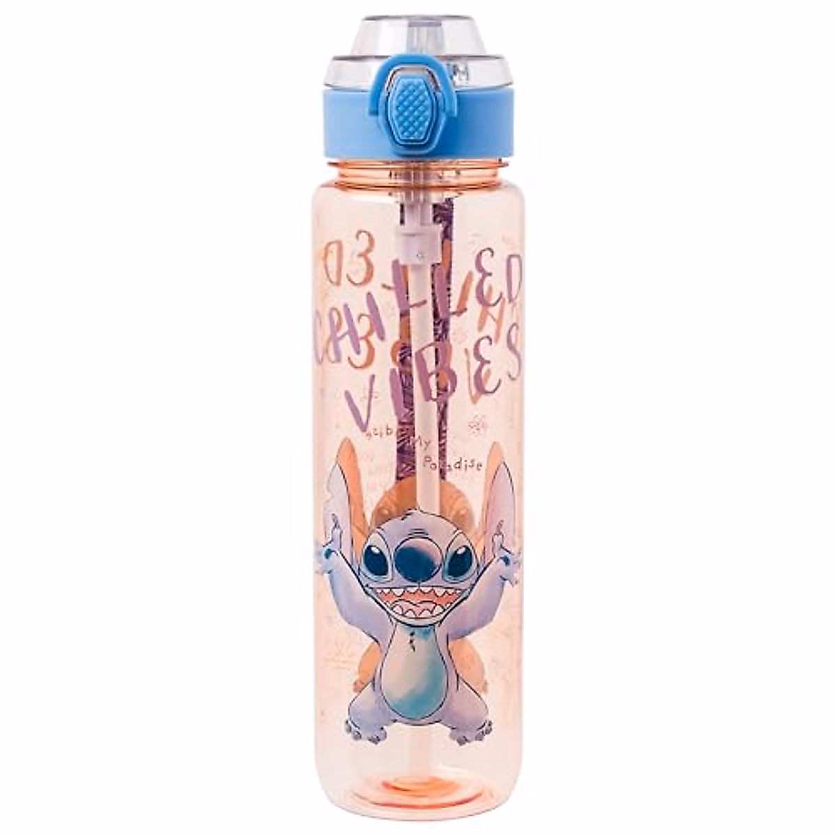Silver Buffalo Disney Lilo and Stitch Chilled Vibes Plastic Water Bottle with Locking Lid, Strap, and Straw, 33 Ounces