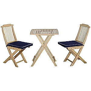 Outsunny Bistro Table and Chairs Set of 2, Wood Patio Table, Wooden Folding Chairs, Cushions with Straps, 3 Piece Outdoor Furniture Set, Slatted, Natural