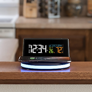 La Crosse Technology 617-84947-INT Wireless 5W Charging Alarm Clock with Glowing Base and Outdoor Sensor