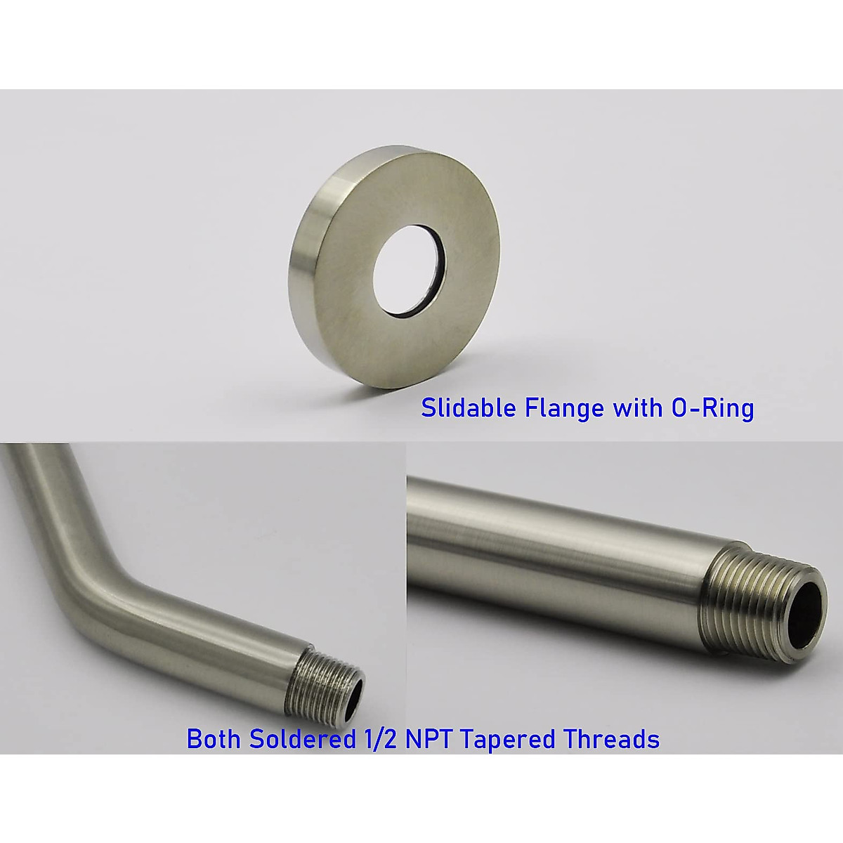 Aquaiaw Only Produce and Sell Solid Brass Shower Arms. Aquaiaw Shower Arm and O-Ring Flange, 6 inch, Solid Brass, Round, Both 1/2 NPT Tapered Threads, PVD Brushed Nickel Wall Mount Shower Head Arm