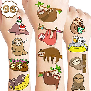 Sloth Temporary Tattoos Birthday Themed Party Supplies Favors Decorations Cute Stickers Tattoo 8 Sheets 96 PCS Gifts for Girl Kids Boys Decor Class School Reward Carnival Christmas