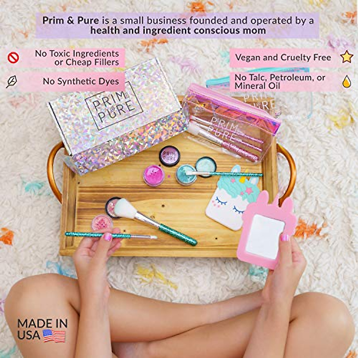 Prim and Pure Mineral Gift Set with Unicorn Mirror| Perfect for Play Dates & Birthday Parties | Kids Eyeshadow Makeup – Mineral Blush | Organic & Natural Makeup Kit for Kids| Made in USA (Pink)