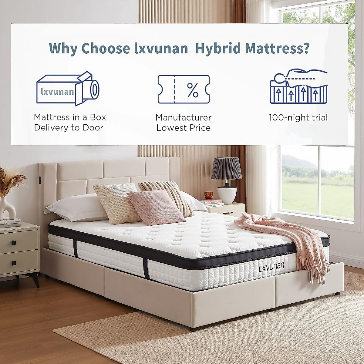 Lxvunan Queen Mattress, 10 Inch Box Mixed Mattress, Including Gel Memory Foam Mattress, Independent Bag Spring Mattress, Medium Hardness, Comfortable and Breathable