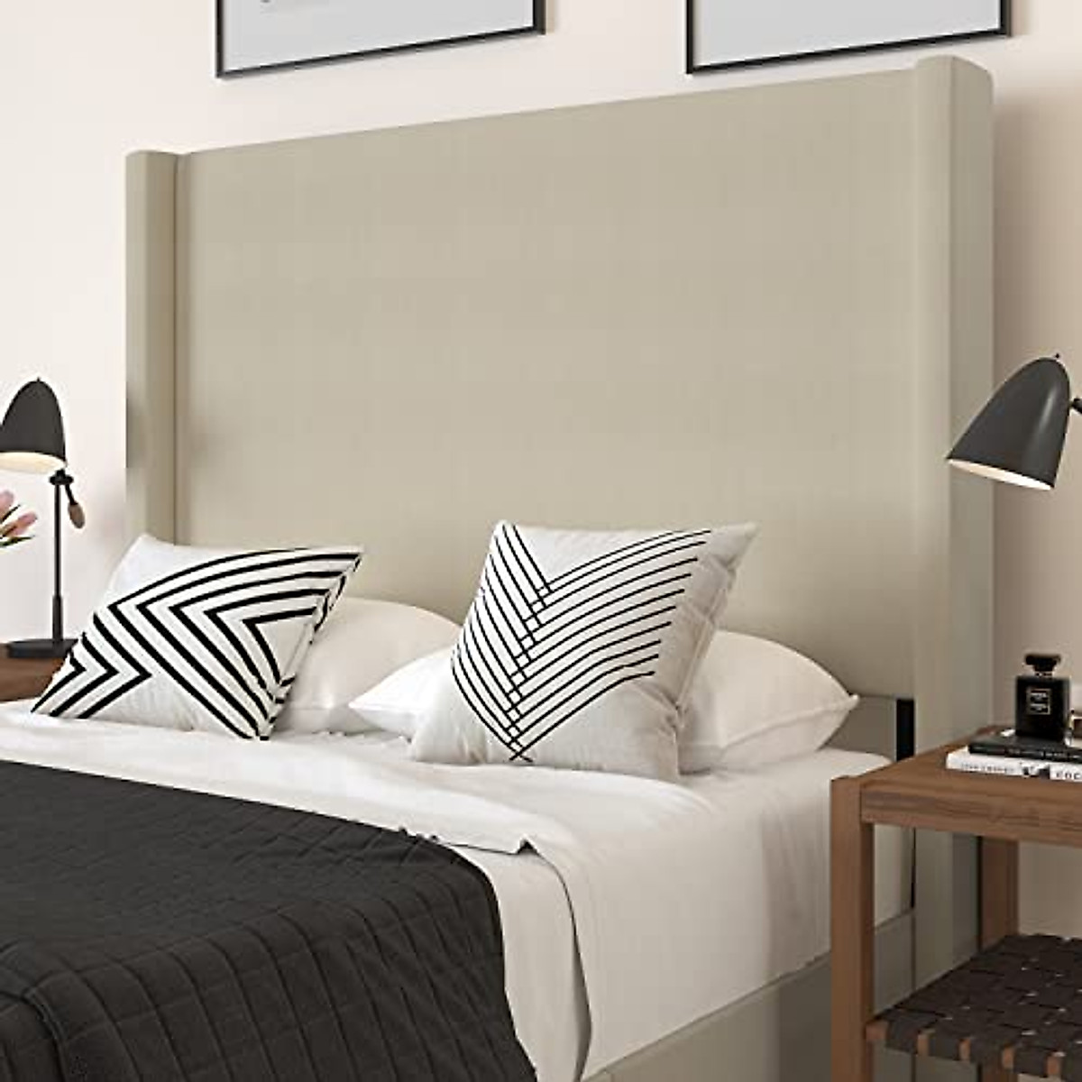 Merrick Lane Bramlett Modern Full Size Platform Bed Frame with Padded Faux Linen Upholstered Wingback Headboard and Wood Support Slats in Beige