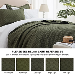 SunStyle Home Quilt Set King Olive Green Lightweight Bedspread Soft Reversible Coverlet for All Season 3pcs Army Green Diamond Quilted Bedding Sets (1 Quilt 2 Pillow Shams)(106"x96")