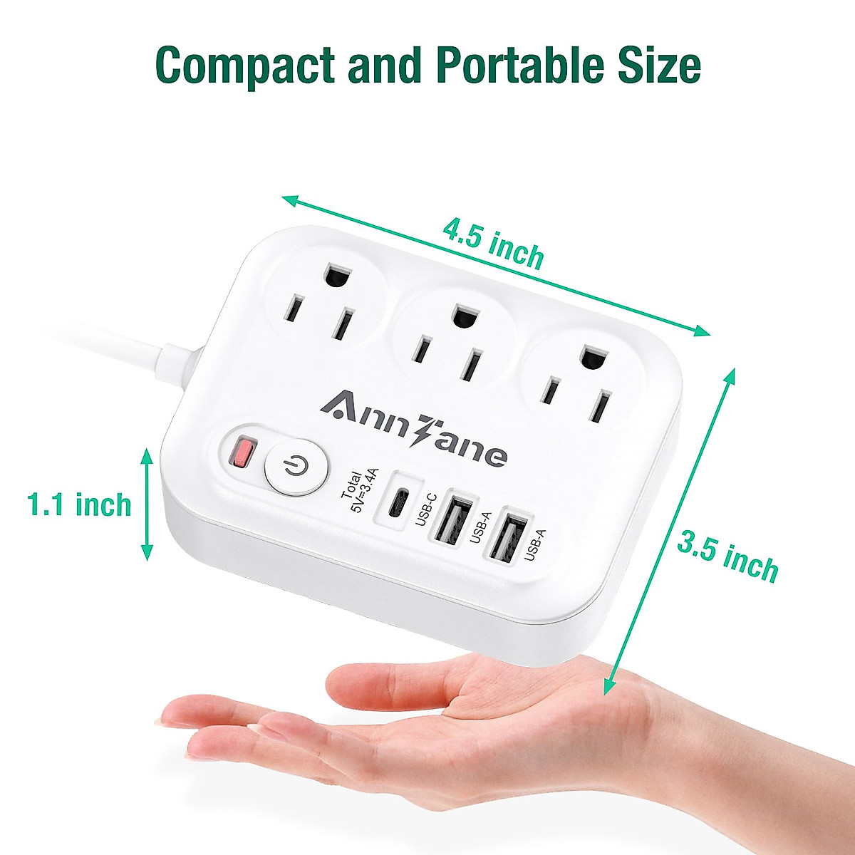 Power Strip Surge Protector with USB-C (3.0A), 5 ft Flat Extension Cord, Power Strip with 3 Outlets 3 USB Ports (5V/3.4A), Desktop Charging Station, Compact for Home,Travel,Office(White 1 Pack)