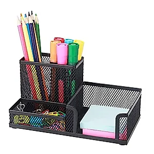 VIUJUH Desk Pencil Holders Desk Organizer Office Supplies Caddy with Sticky Notes Holder for Office School Home 3 Compartments Black