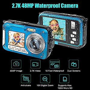 Waterproof Digital Camera Underwater Camera Full HD 2.7K 48MP Waterproof Camera with Dual Screen | 16X Digital Zoom | Flashlight